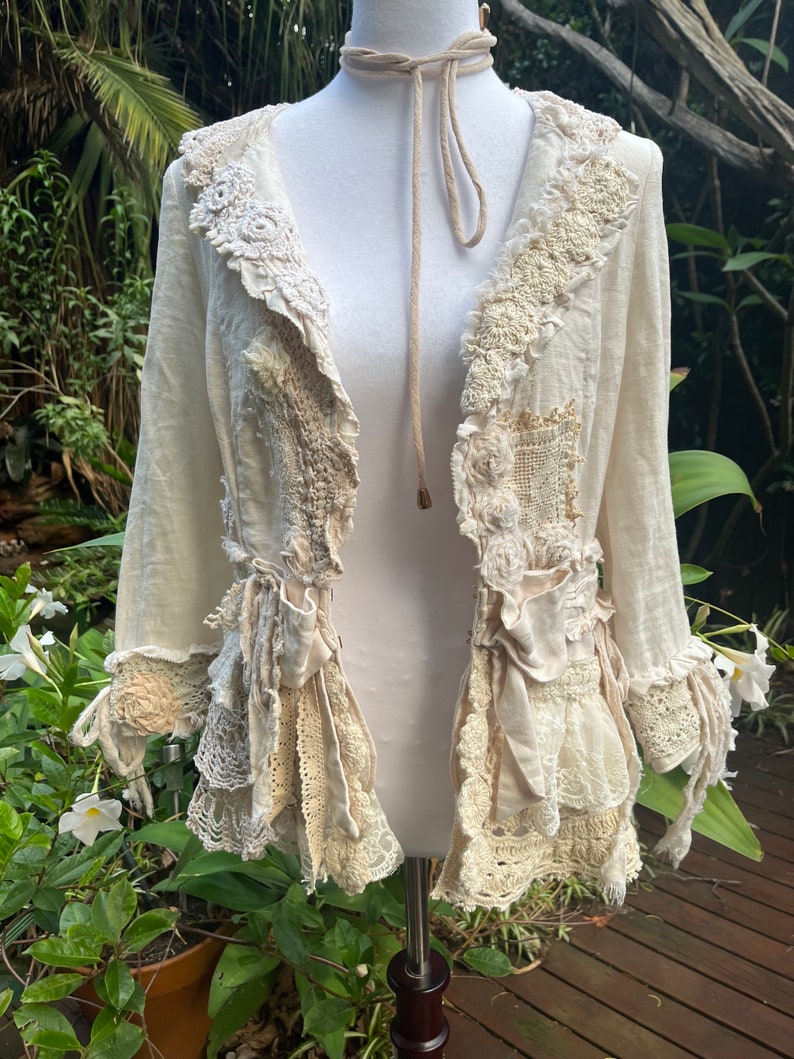 Bohemian Shabby Chic Linen Jacket Embellished With Vintage Crochet and ...
