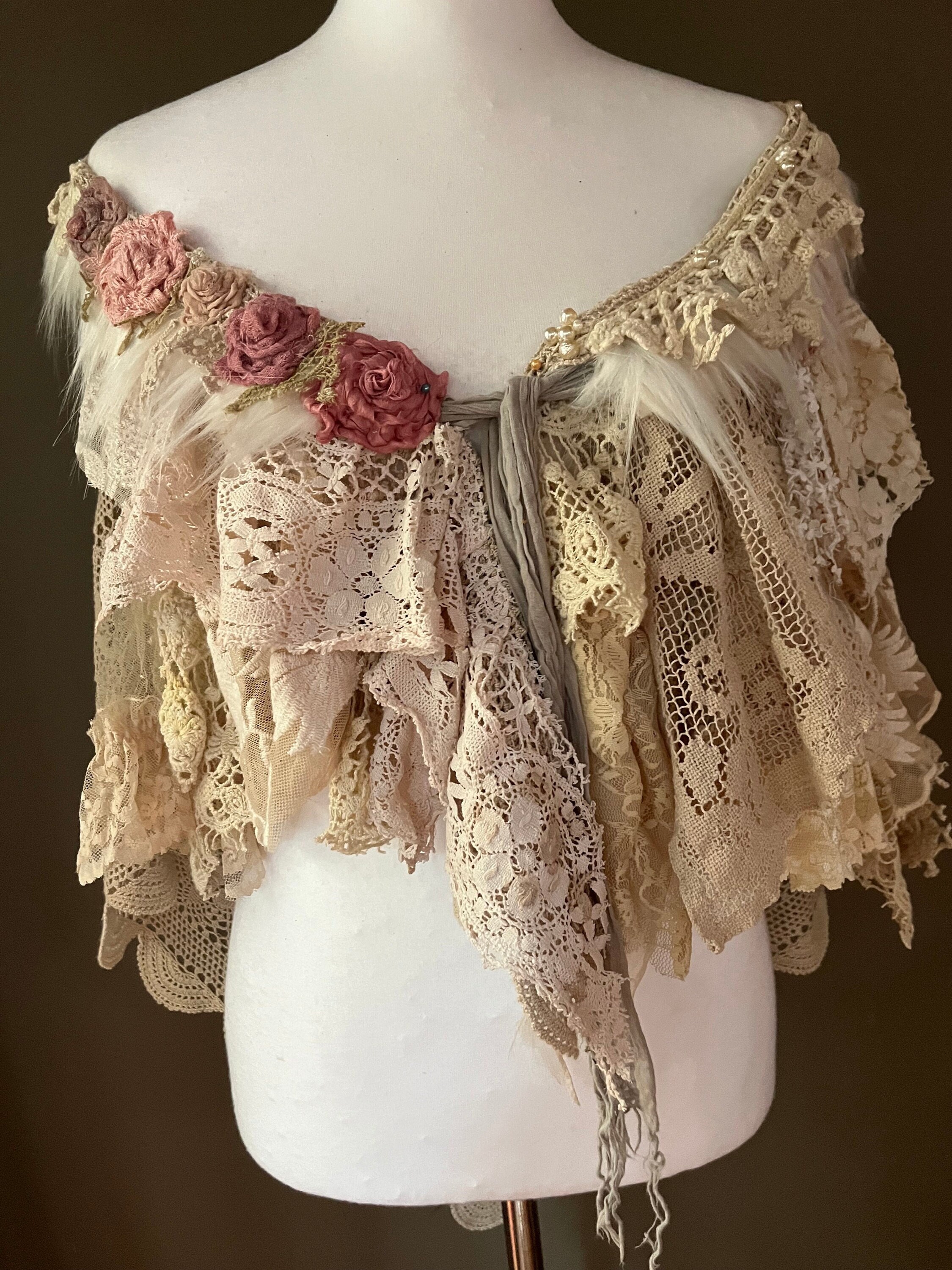 Bohemian Shabby Chic Tea Stained Shrug Shawl Artsy Embellished ...