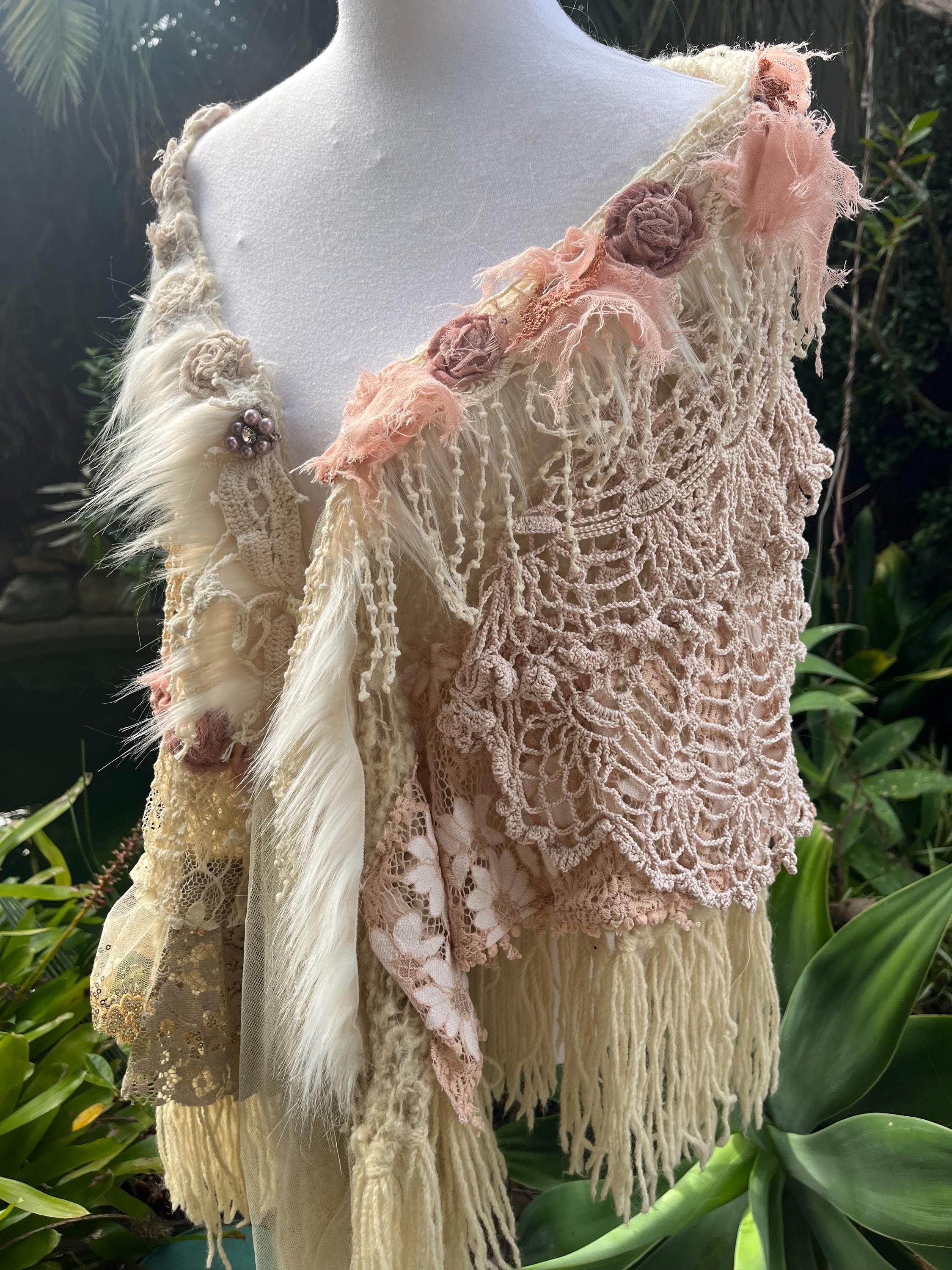 Bohemian Shabby Chic Beige Shrug Shawl Chunky Weathered Embellished ...