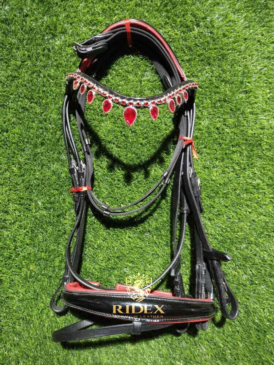 Dressage Leather Bridle Red Stone Crystal Brow-band With Red Softy ...