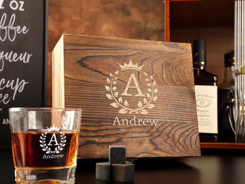 Custom Whiskey Glass Set With Wooden Box, Engraved Whiskey Glass ...