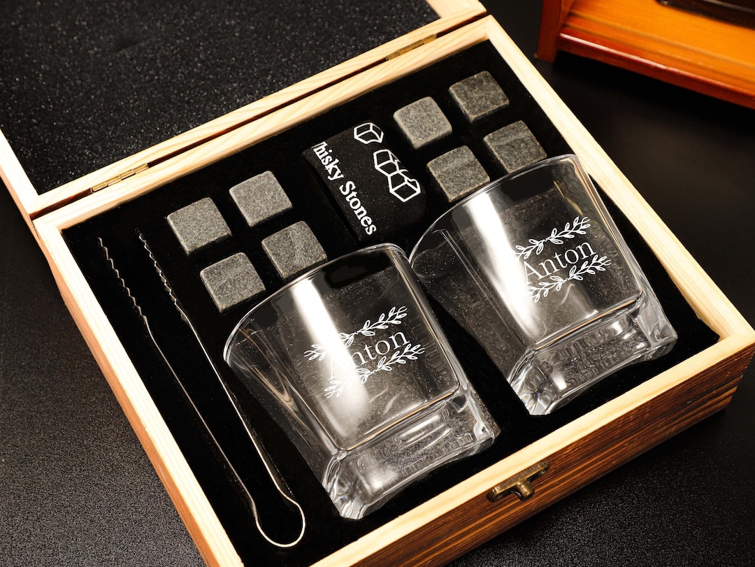 Custom Whiskey Glass Set With Wooden Box, Engraved Whiskey Glass ...