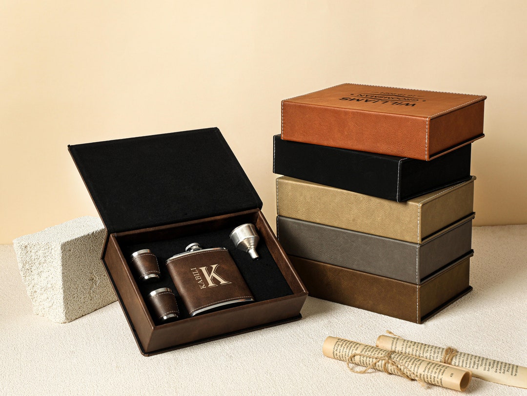 Engraved Leather Flask for Men, Personalized Leather Flask Gift Box Set ...