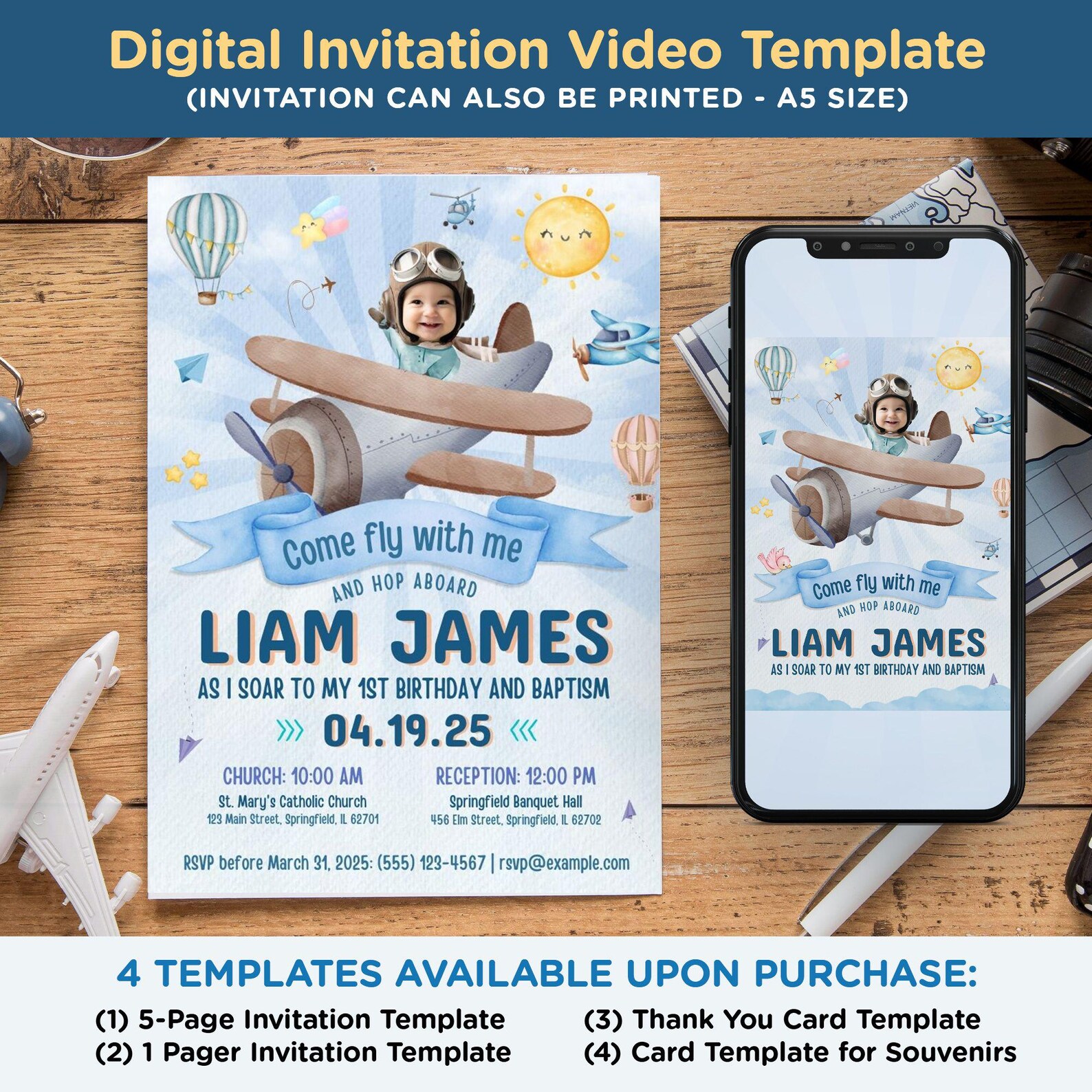 Editable Animated Pilot Birthday Invitation With Baby Canva Template ...