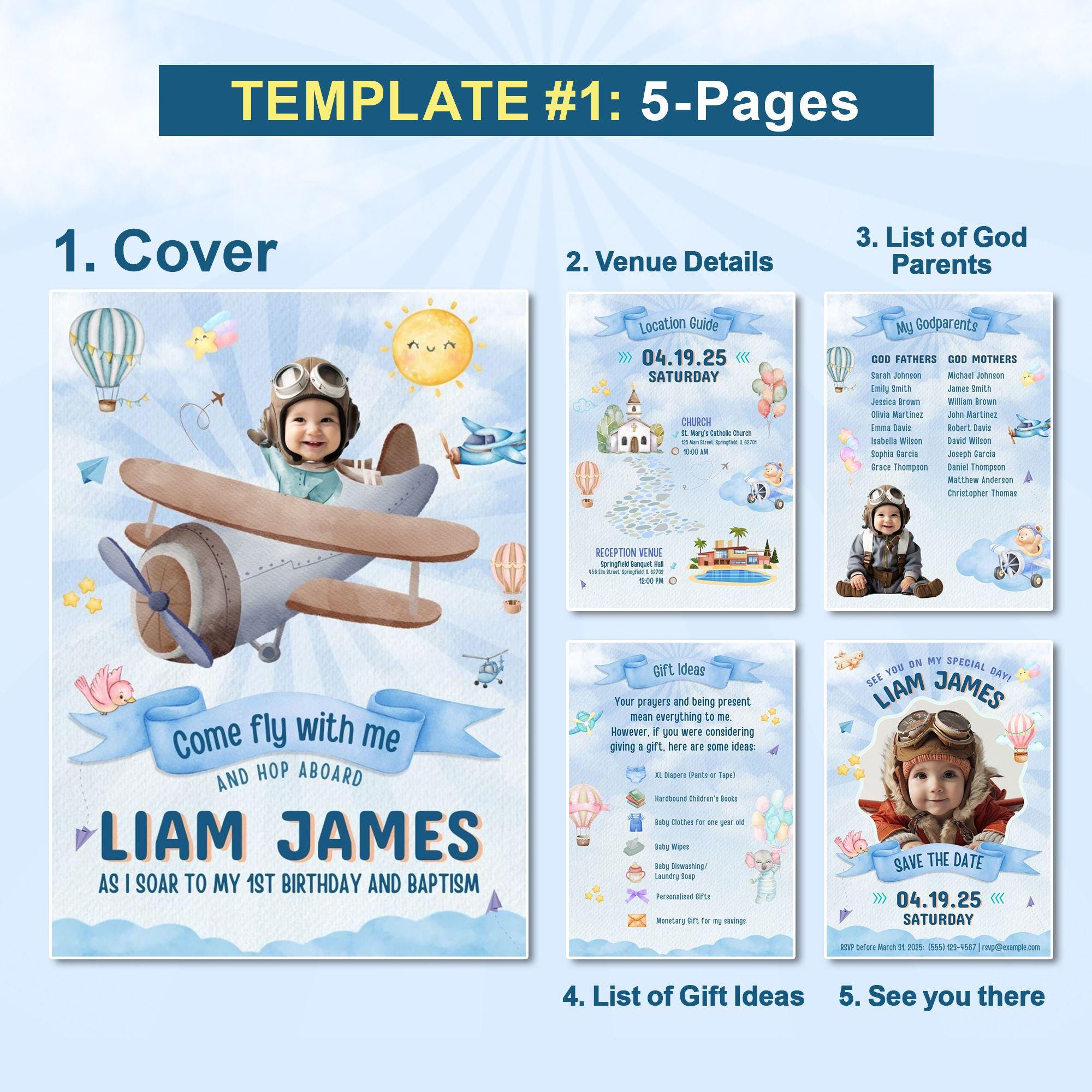 Editable Animated Pilot Birthday Invitation With Baby Canva Template ...