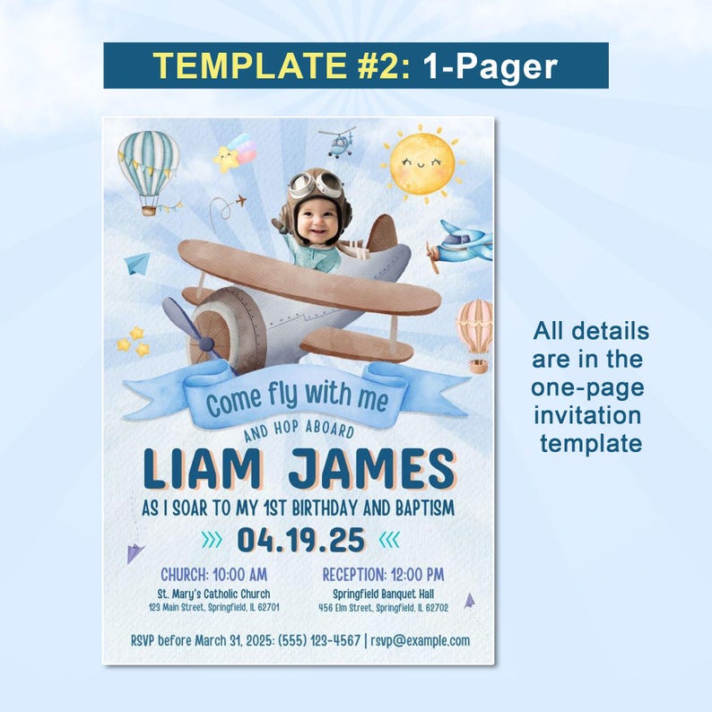 Editable Animated Pilot Birthday Invitation With Baby Canva Template ...