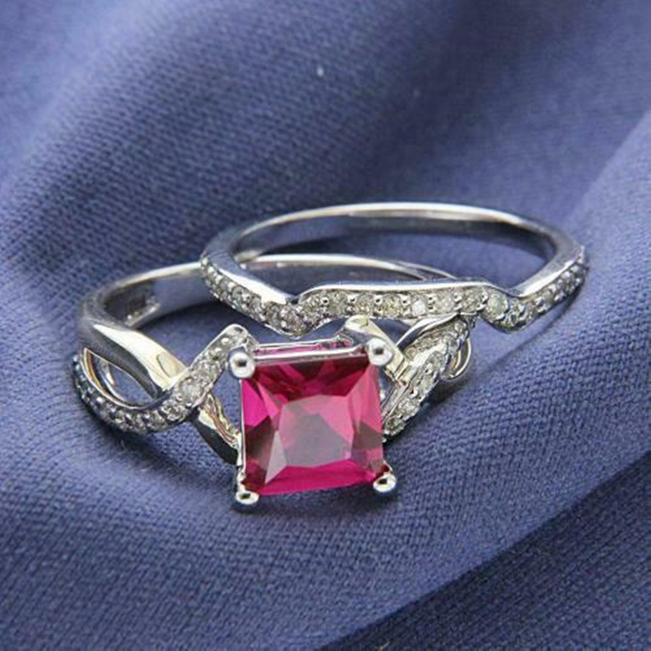 2.40ct Pink Princess Cut Diamond Engagement Wedding Ring Set in 935 ...