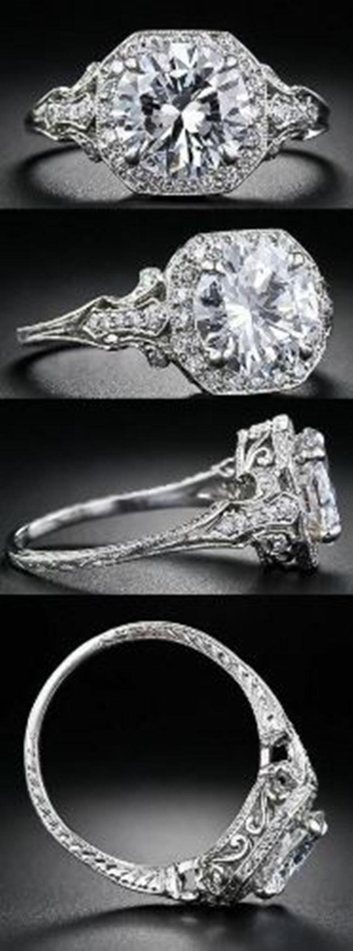 Antique 2.35ct White Round Cut Diamond Engagement Wedding Ring in 925 ...