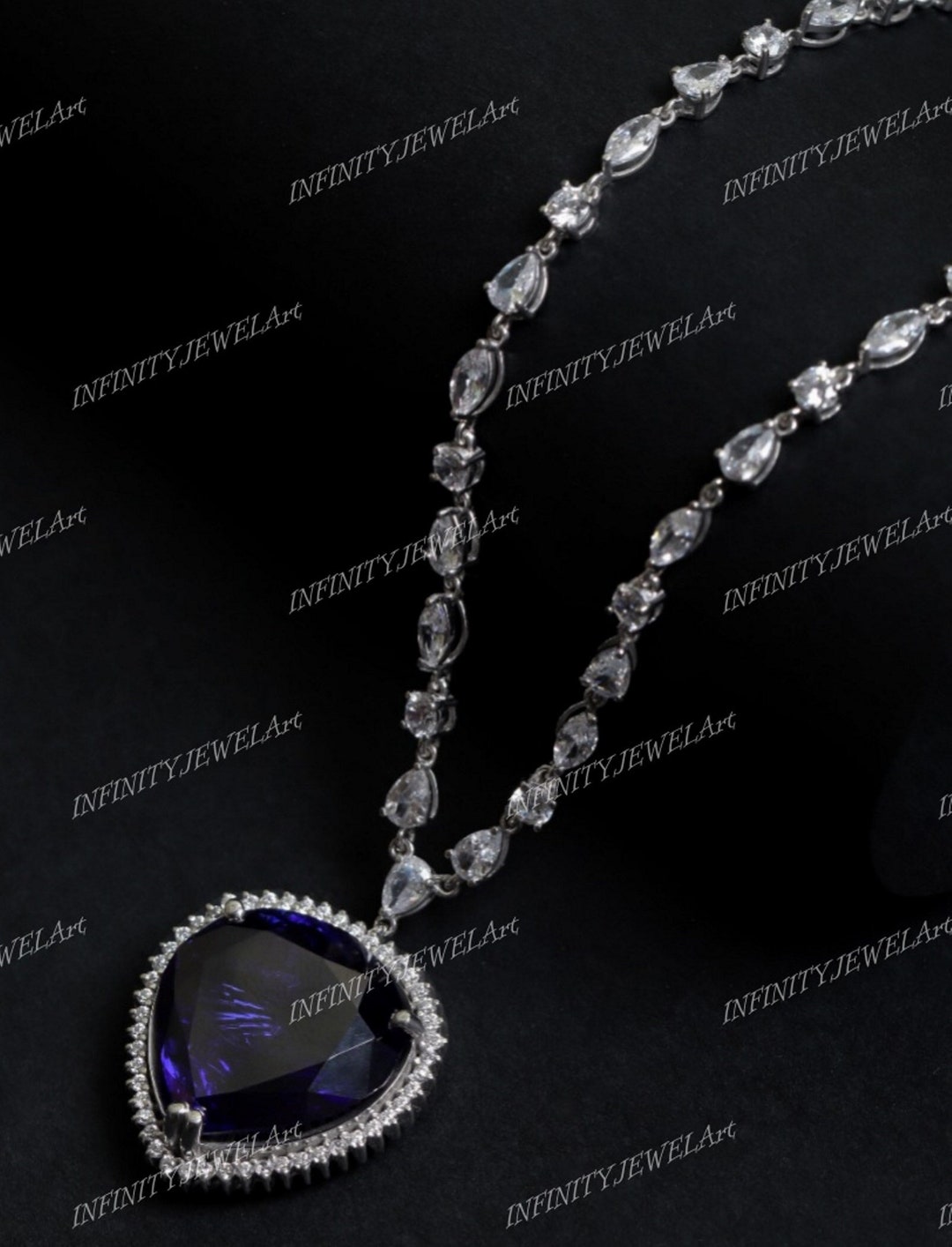 35.00 Carat Blue Heart Cut Diamond Necklace in 935 Argentium Silver ...