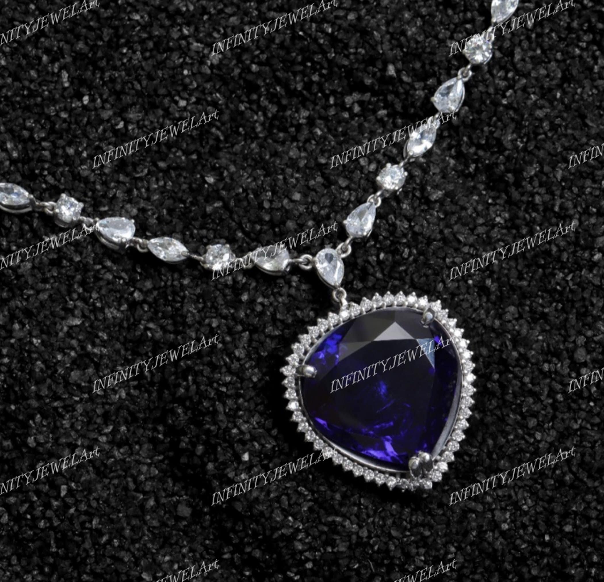 35.00 Carat Blue Heart Cut Diamond Necklace in 935 Argentium Silver ...