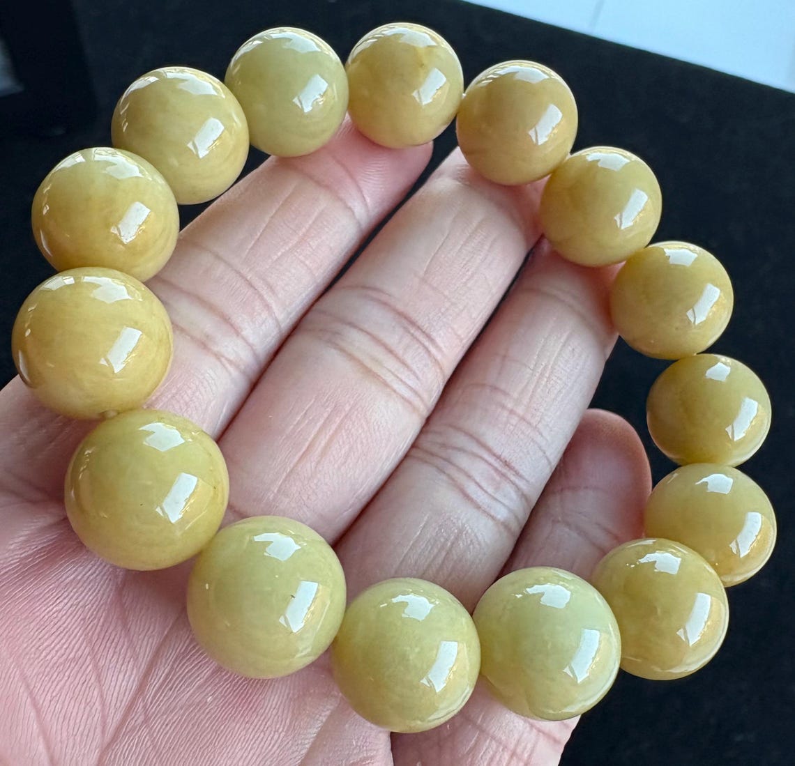 14mm Yellow Jadeite Jade Round Beads Bracelet, 100% Untreated Certified ...