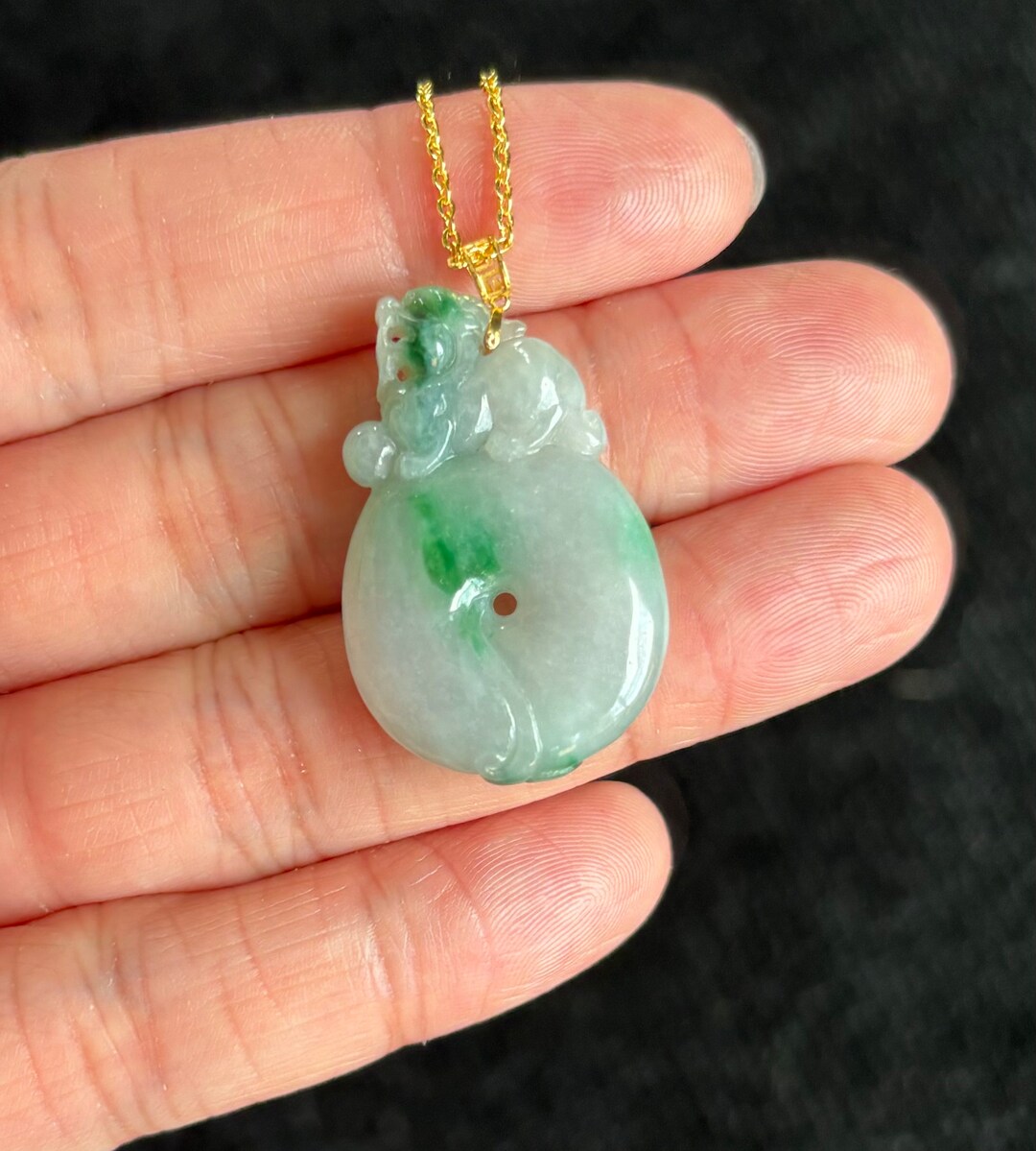 Green Kirin 麒麟 Donut Jadeite Jade Pendant 18K Gold Buckle, 100% ...