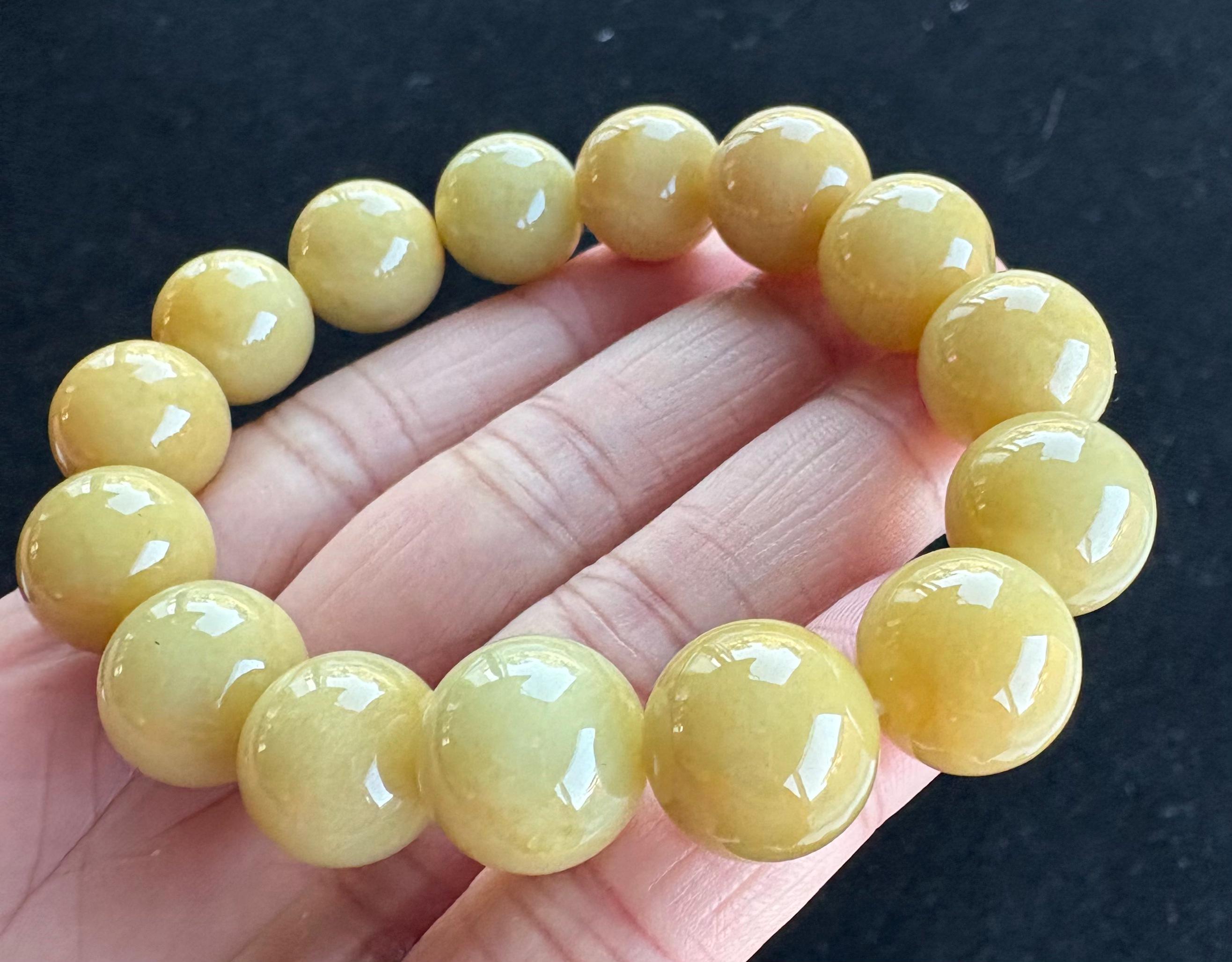 14mm Yellow Jadeite Jade Round Beads Bracelet, 100% Untreated Certified ...