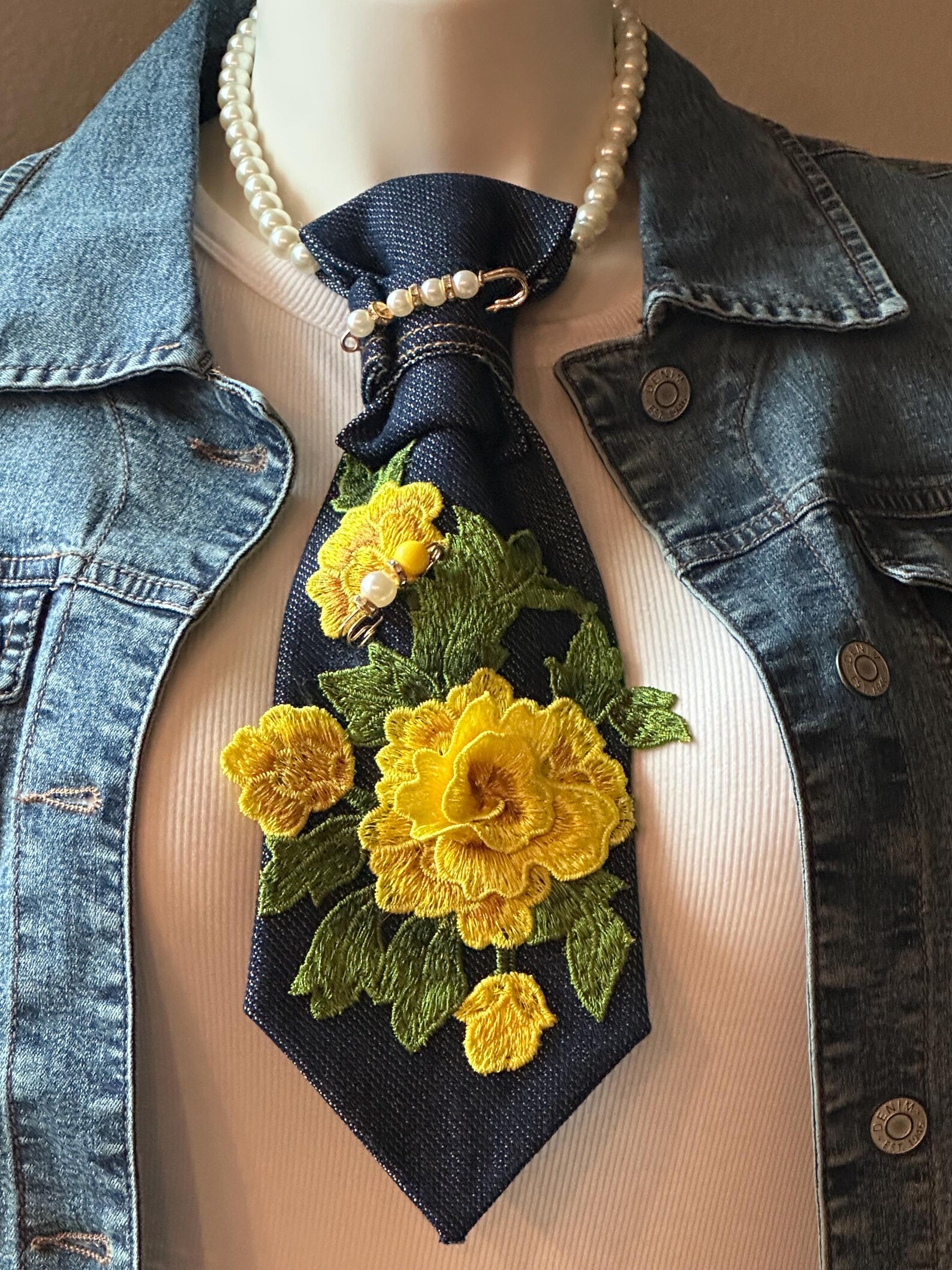 Women’s Denim Statement Junk Tie Necklace - Yellow Floral - Etsy
