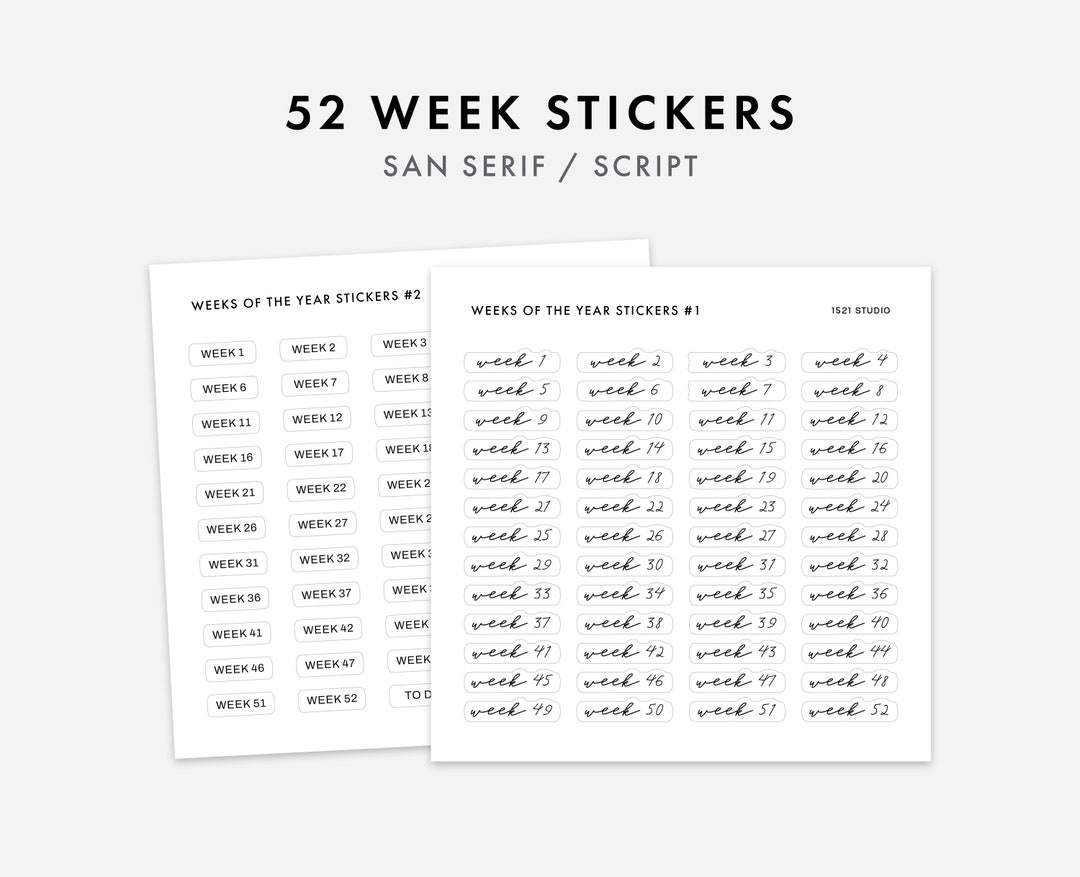 52 Weeks of the Year Stickers, 2 Font Styles Week Stickers, Planner ...