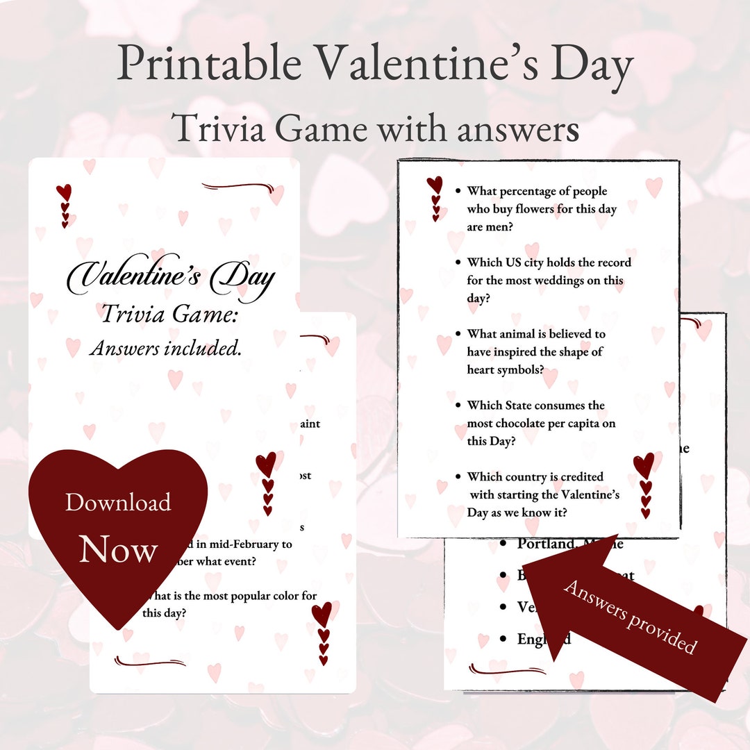 Valentines Day Printable Trivia Game, Ten Downloadable Trivia Game ...