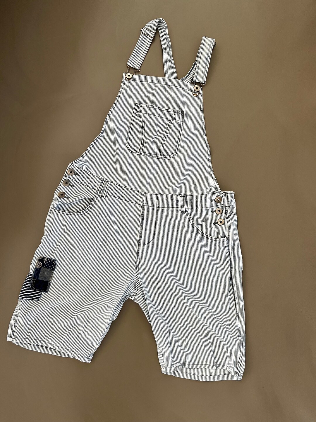 Patched Short Striped Dungarees - Blue White Overalls - Upcycled ...