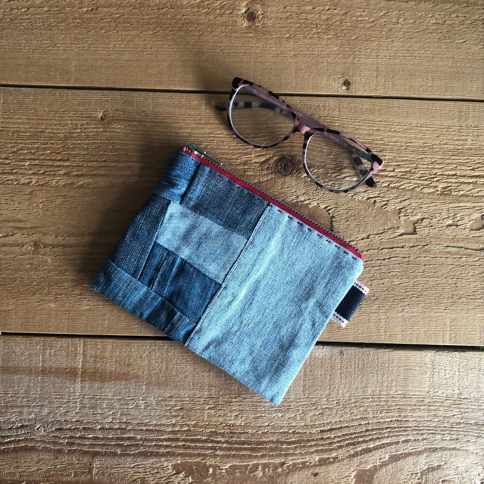 Patched Jeans Purse Repurposed Blue Jeans Zipper Pouch Gift for Him ...