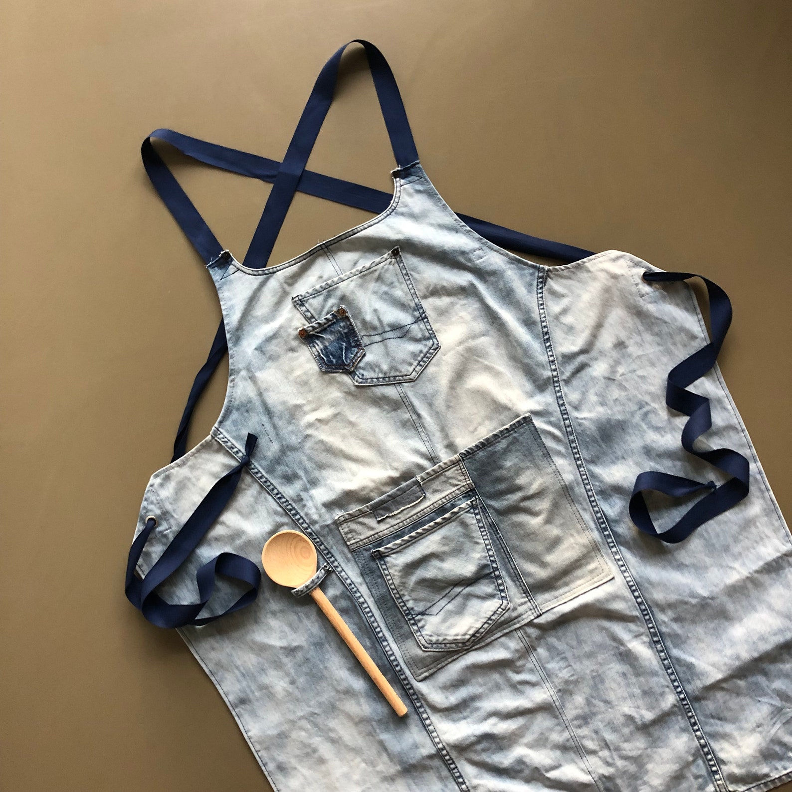 Blue Denim Apron Cross Back Apron Handmade Recycled Full Apron Washed ...