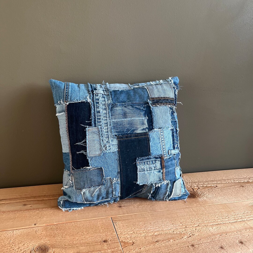 Denim Cushion Cover Blue Pillow Cover Patchwork Cushion Square Cushion ...
