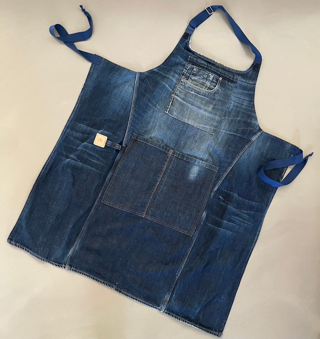 Upcycled Denim Apron With Pockets Full Jeans Apron Recycled Blue Apron ...