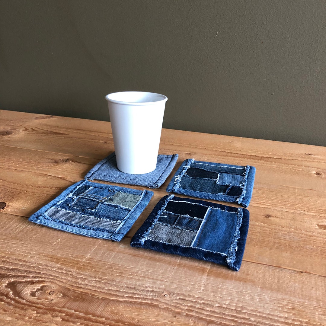 Square Denim Coasters - Upcycled Patchwork Mug Rug - Handmade Blue Jeans Coasters - Eco Friendly ...