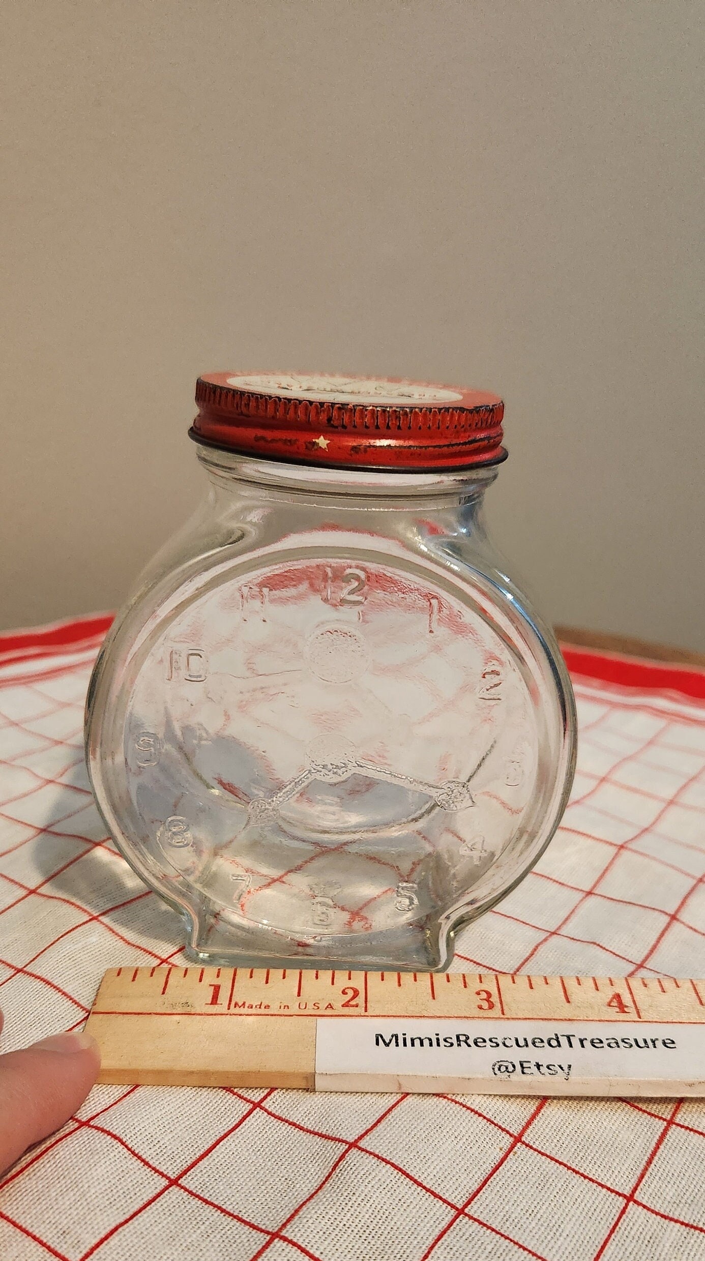 Vtg Clear Glass Clock Face Bank, Nash Mustard Kiddy Bank Tic Tic Relish ...