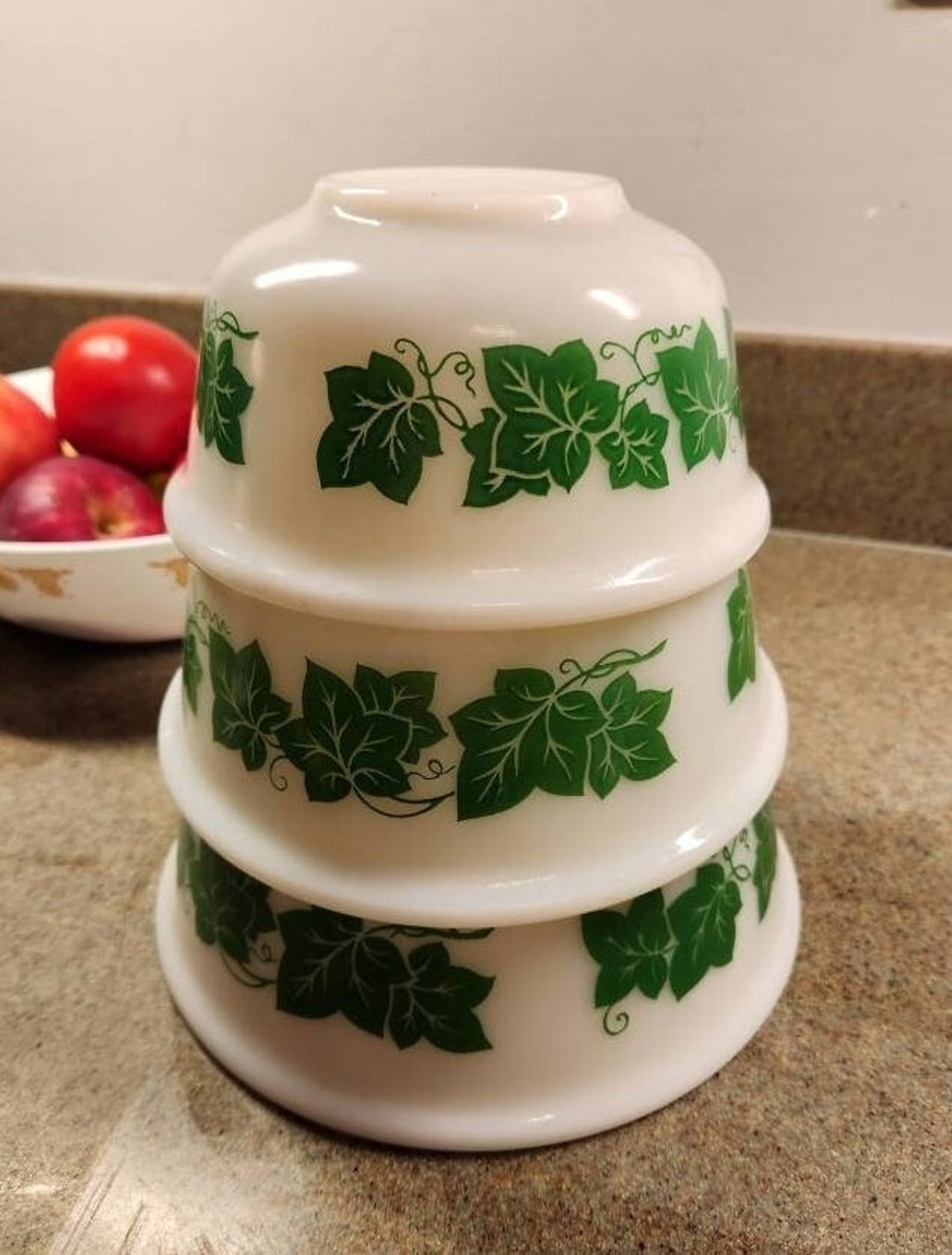 Vintage Hazel Atlas White Milk Glass Bowls With Green Ivy Design, 3 ...