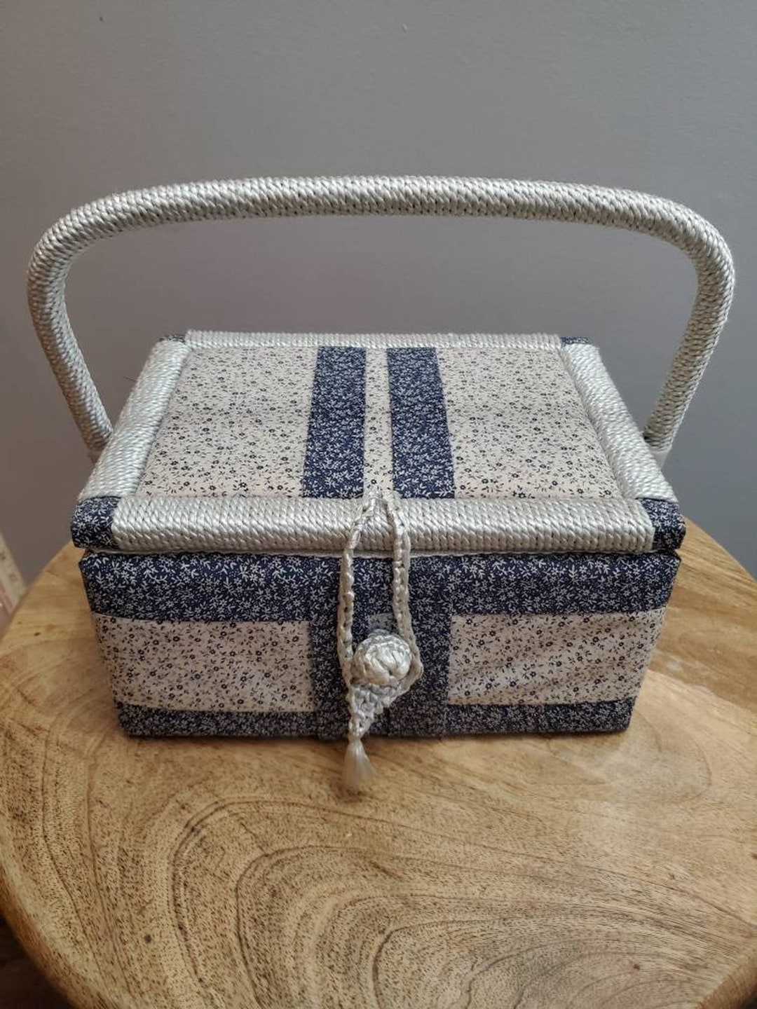 Vintage Blue Navy and White Gray Sewing Mending Basket With - Etsy
