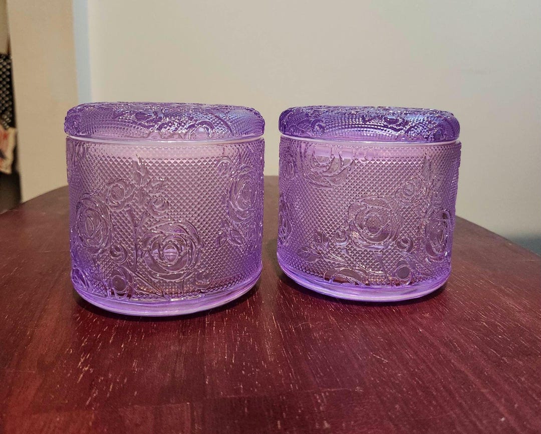 Vtg 2 Purple Glass Jars With Lids, Amethyst Glass Containers With ...