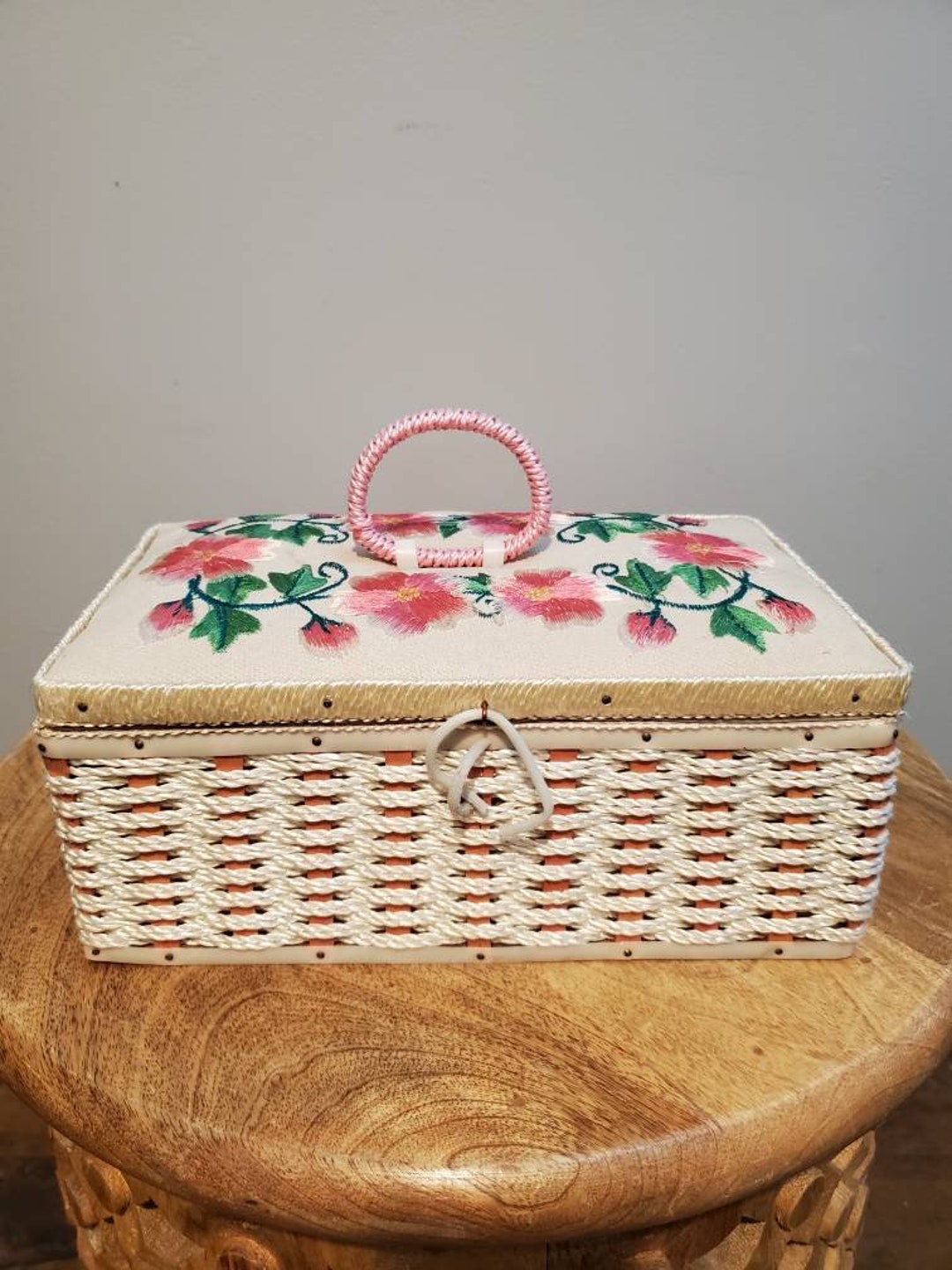 Vintage Sewing Mending Basket With Lovely Embroidered Pink Flowers and ...