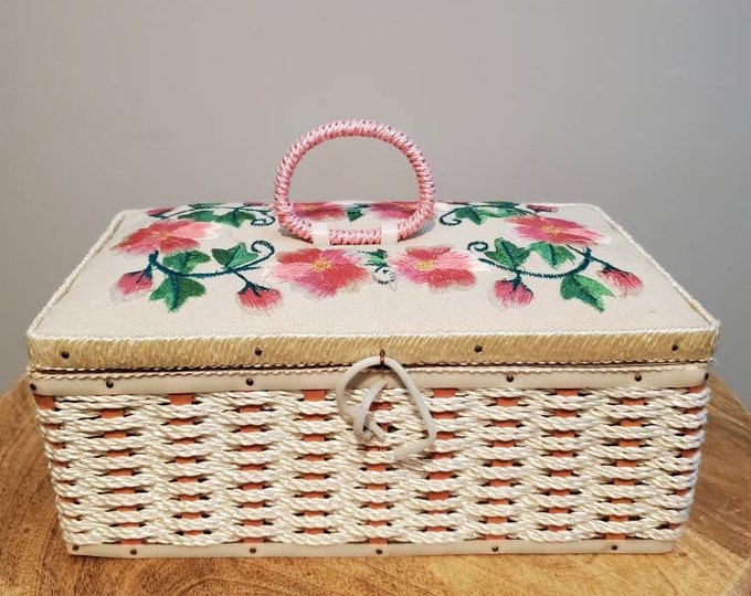 Vintage Sewing Mending Basket With Lovely Embroidered Pink Flowers and ...