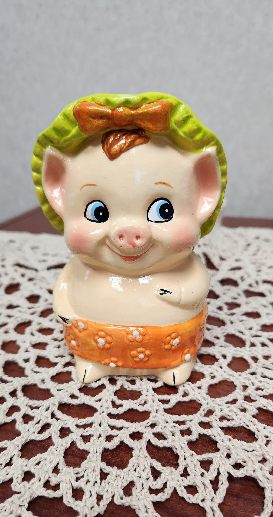 Adorable Small Vintage Ceramic Little Piggy Coin Bank, Wearing Green ...