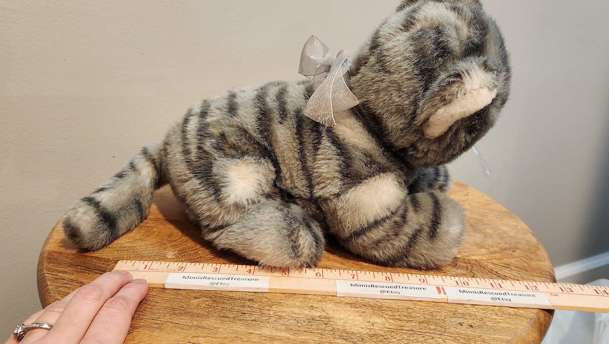 Gray and White Striped Tabby Plush Cat, Kitten Stuffed Animal With Blue ...