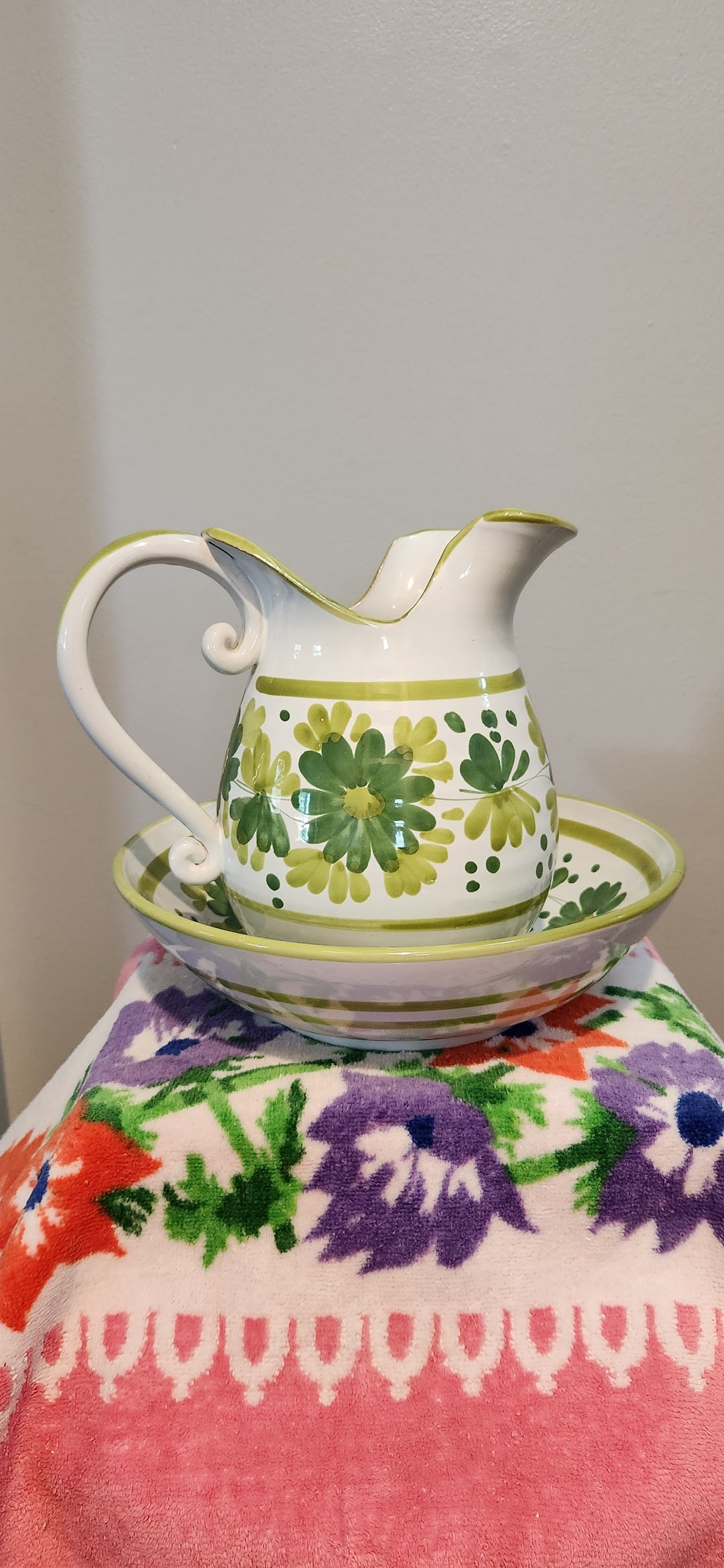 Vintage 60s Italian Pitcher and Bowl Set, Handpainted Green Flowers - Etsy