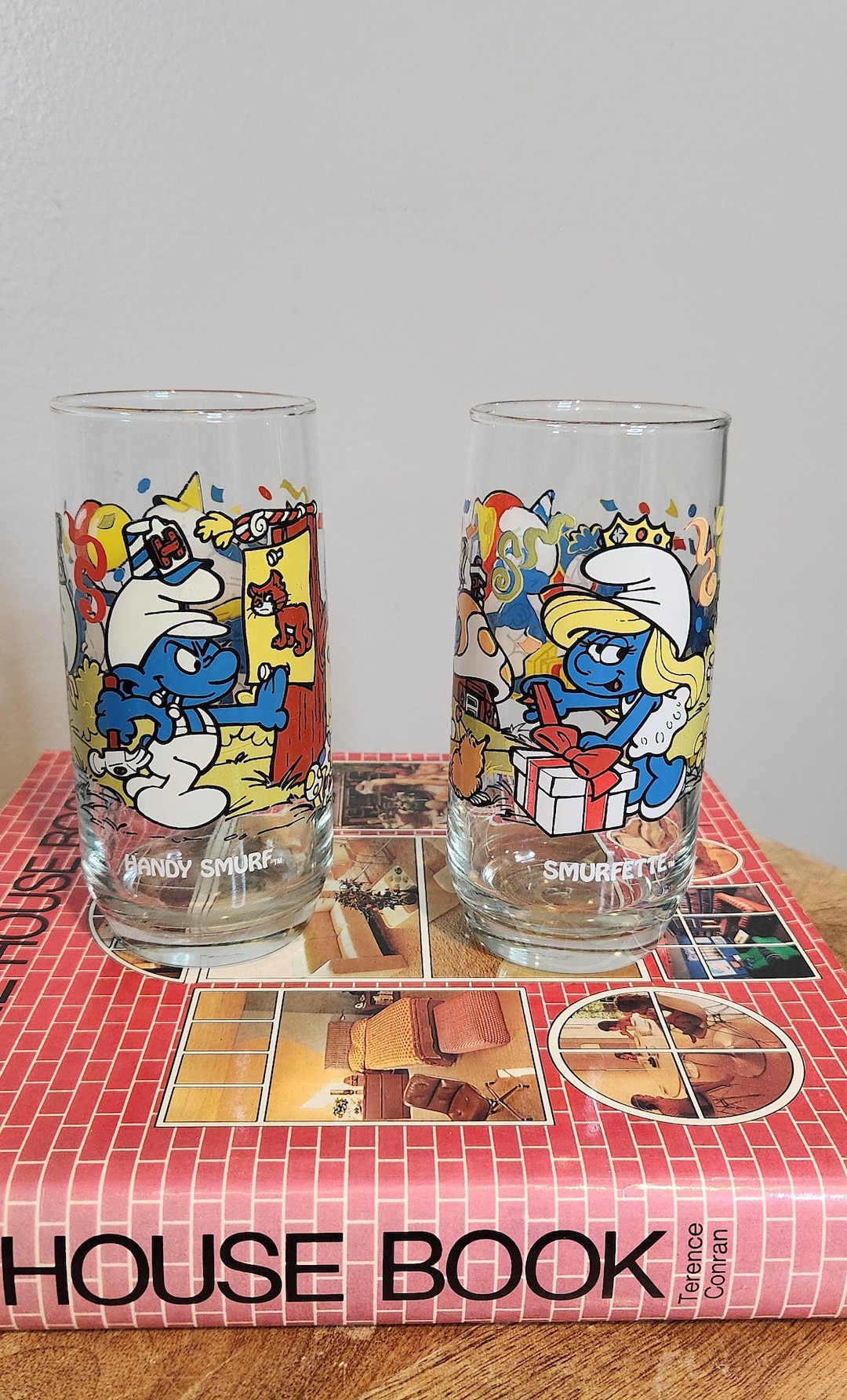 Smurf Cartoon Drinking Glasses 1983 Smurfette and Handy Smurf ...