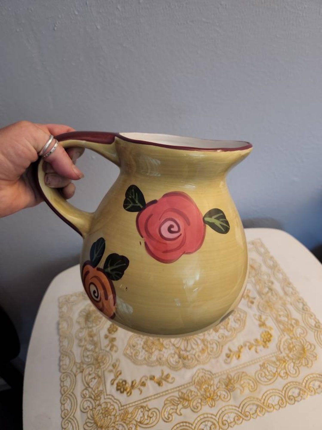 Vintage Handpainted Rose Ceramic Pitcher, Retro Cottagecore Vase - Etsy