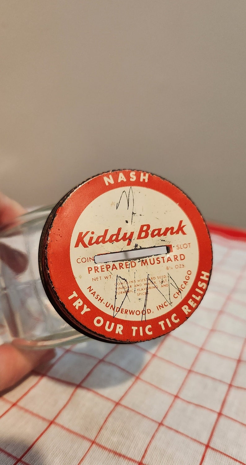 Vtg Clear Glass Clock Face Bank, Nash Mustard Kiddy Bank Tic Tic Relish ...