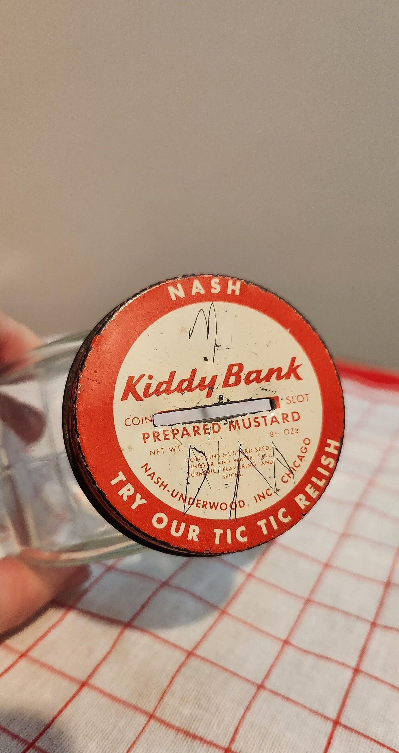 Vtg Clear Glass Clock Face Bank, Nash Mustard Kiddy Bank Tic Tic Relish ...