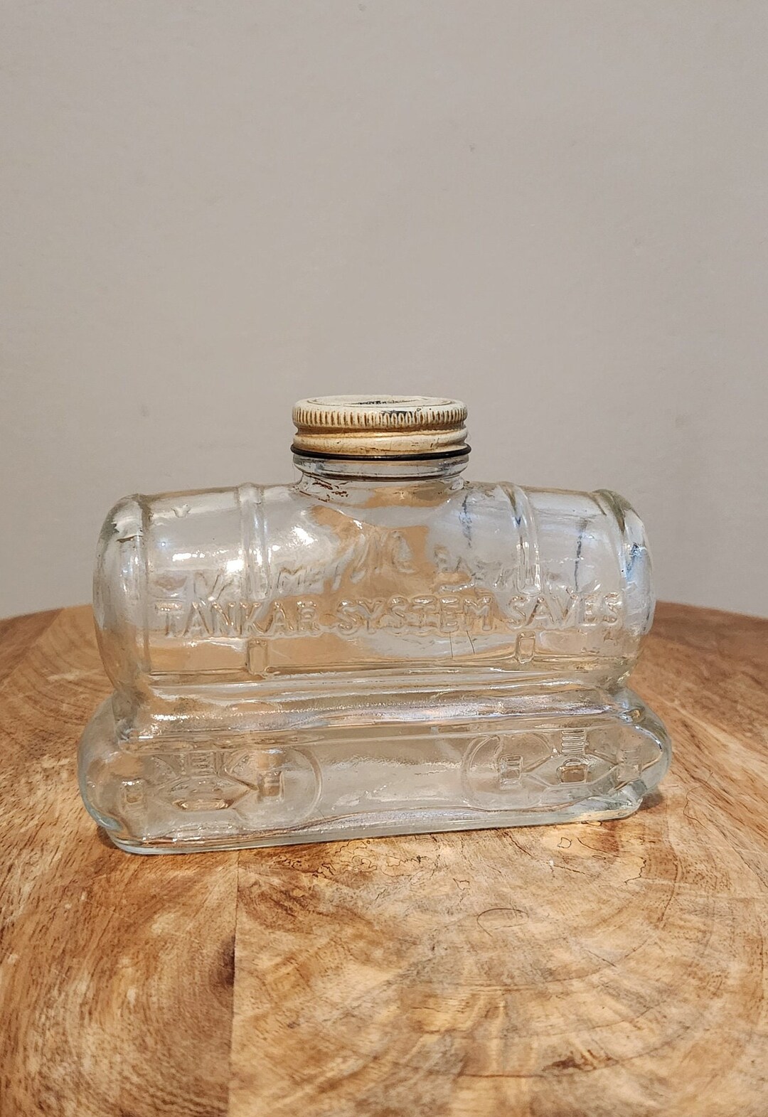 Vtg 40s Glass Railroad Tanker Piggy Bank, Embossed "tankar SYSTEM Saves ...