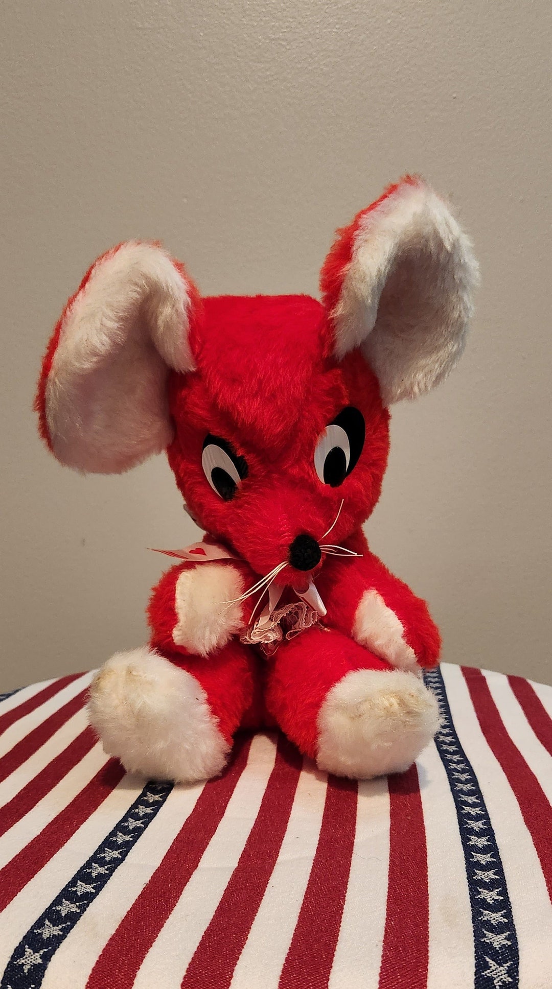 Adorable Vintage Bright Red Plush Mouse Wearing a Ruffled Apron, 1960s ...