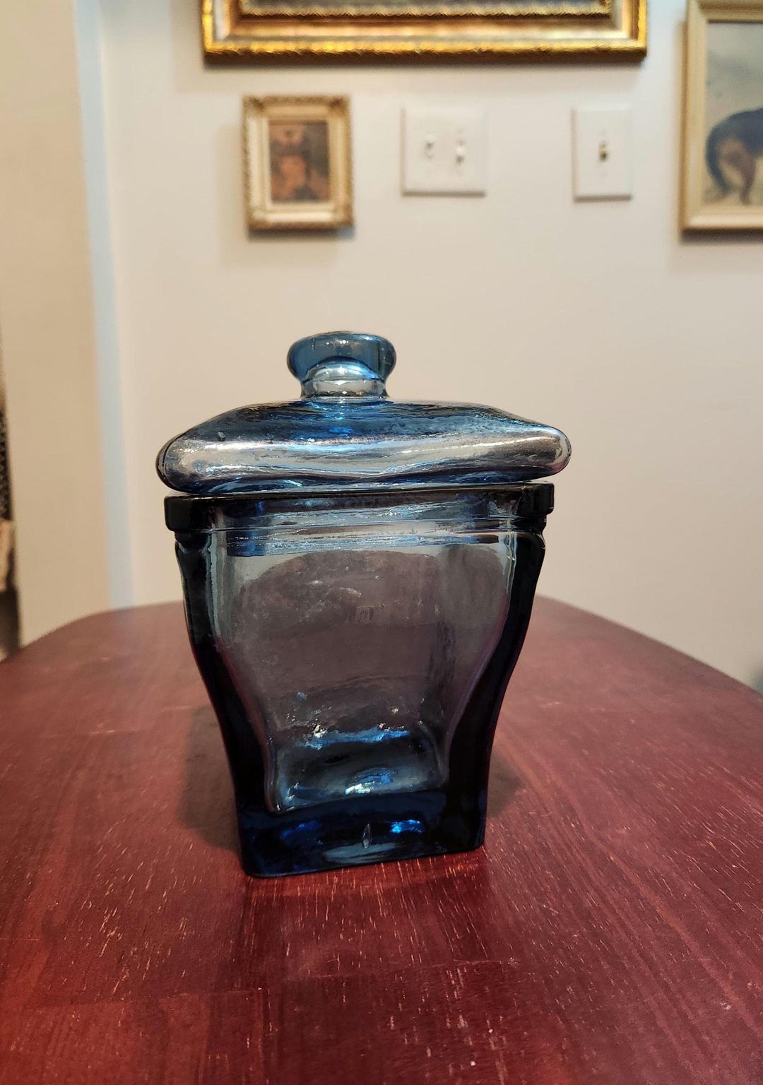 Vtg Heavy Blue Recycled Glass Jar Blue Glass Container With Lid ...