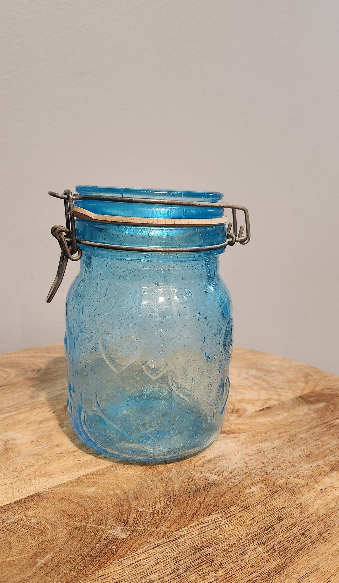 Vtg 80s Blue Heavy Glass Jar With Embossed Hearts, Metal Wire Clasp ...