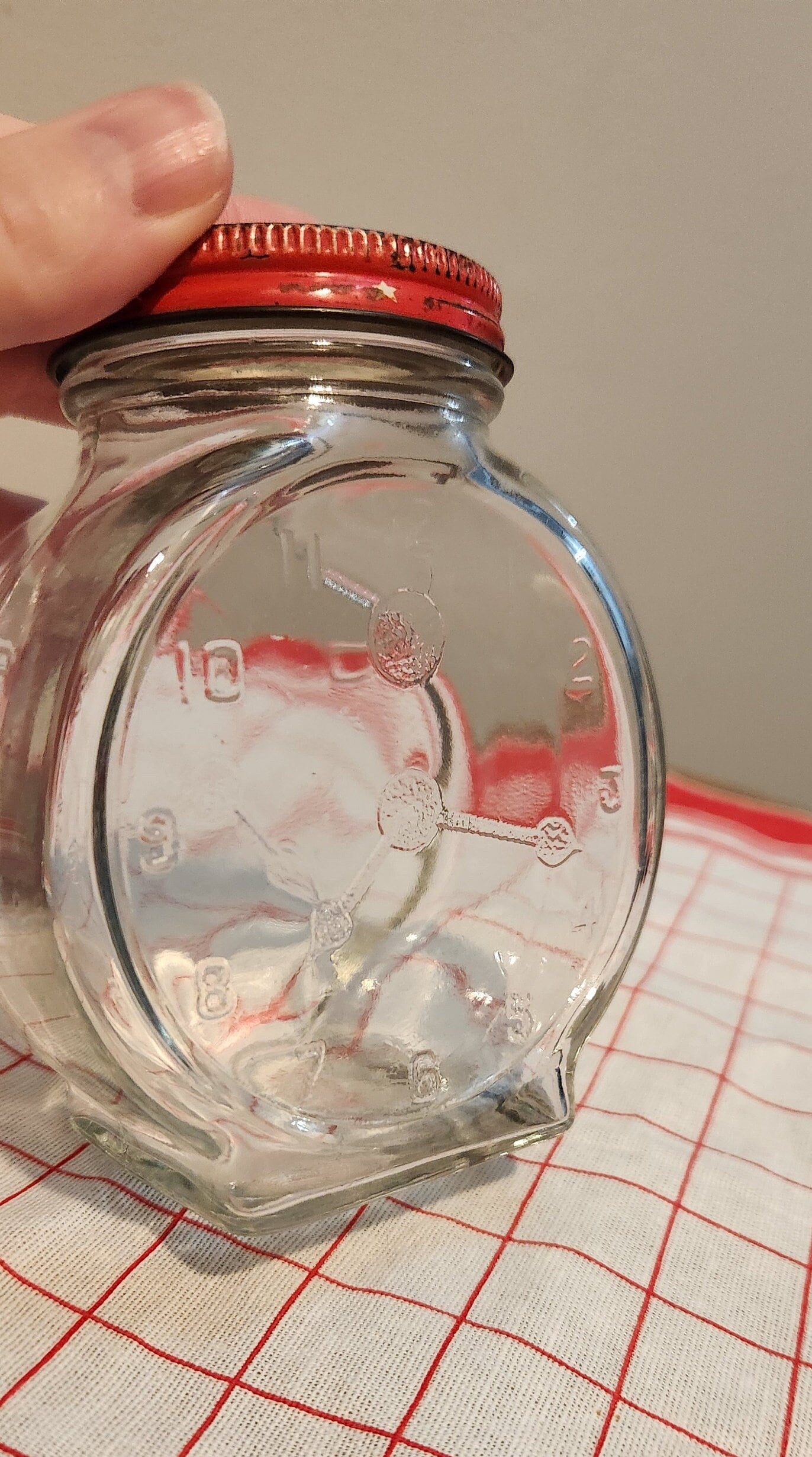 Vtg Clear Glass Clock Face Bank, Nash Mustard Kiddy Bank Tic Tic Relish ...