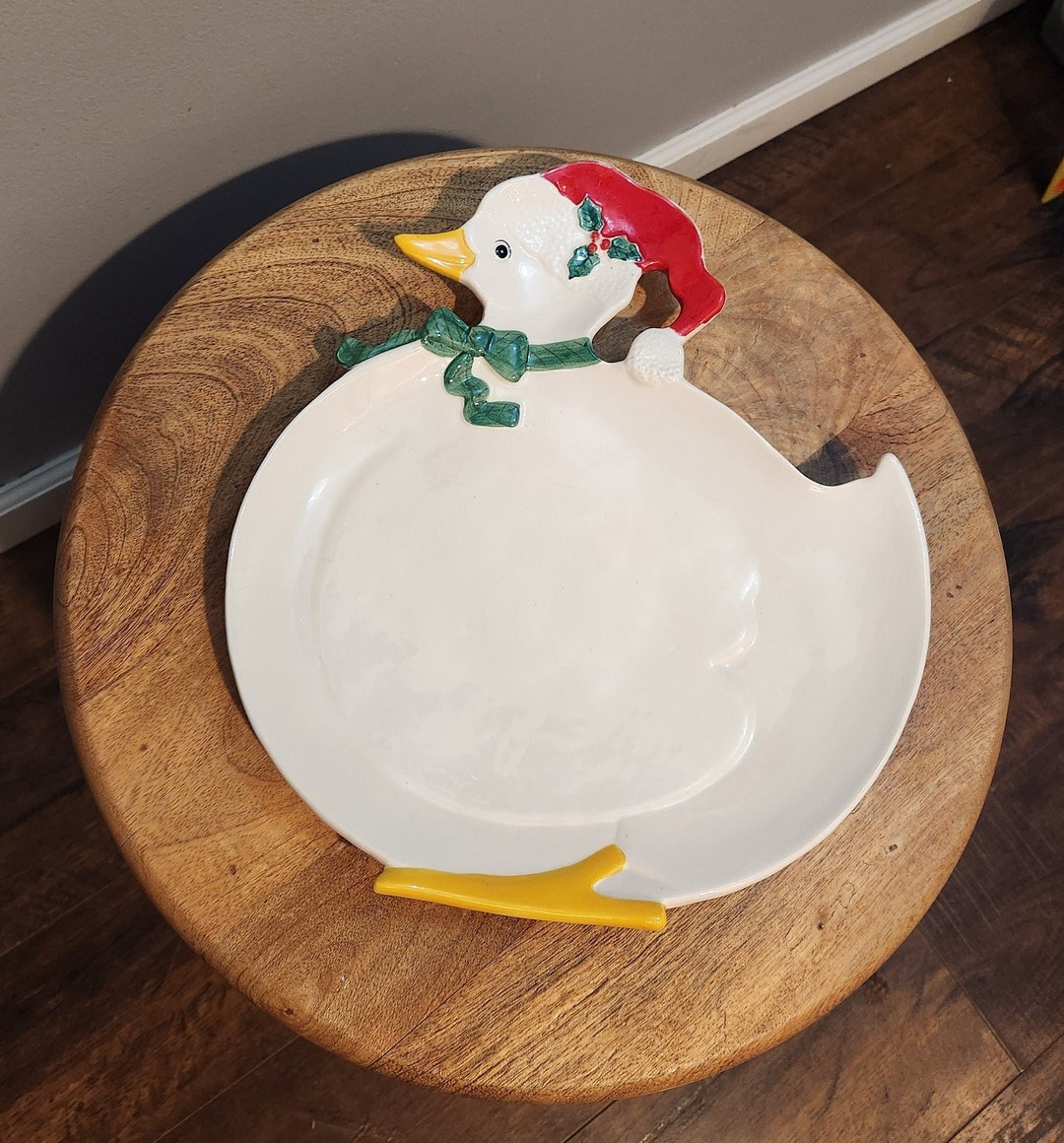 Vtg Fitz & Floyd Christmas White Duck With Santa Hat Ceramic Serving ...