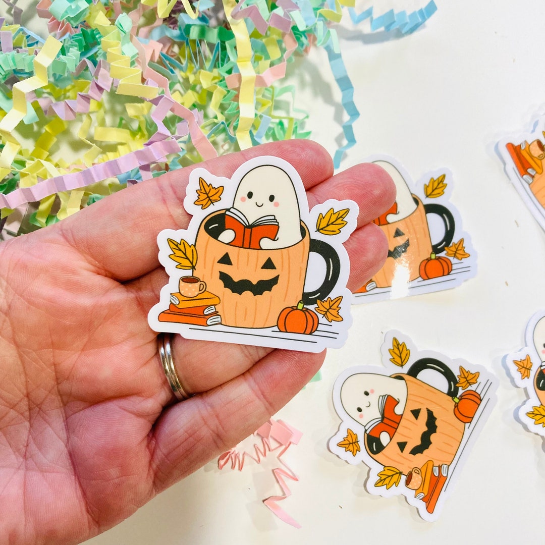 Cute Ghost Reading Sticker, Ghost Halloween Pumpkin Mug Sticker, Spooky ...