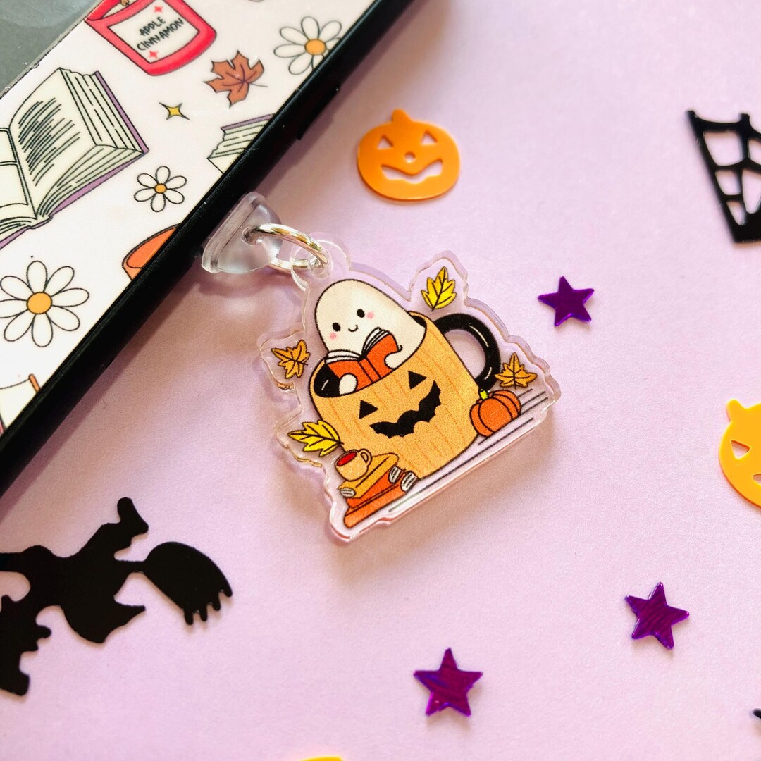 Cute Ghost Reading Dust Plug, Spooky Halloween Charm, Pumpkin Mug Charm ...