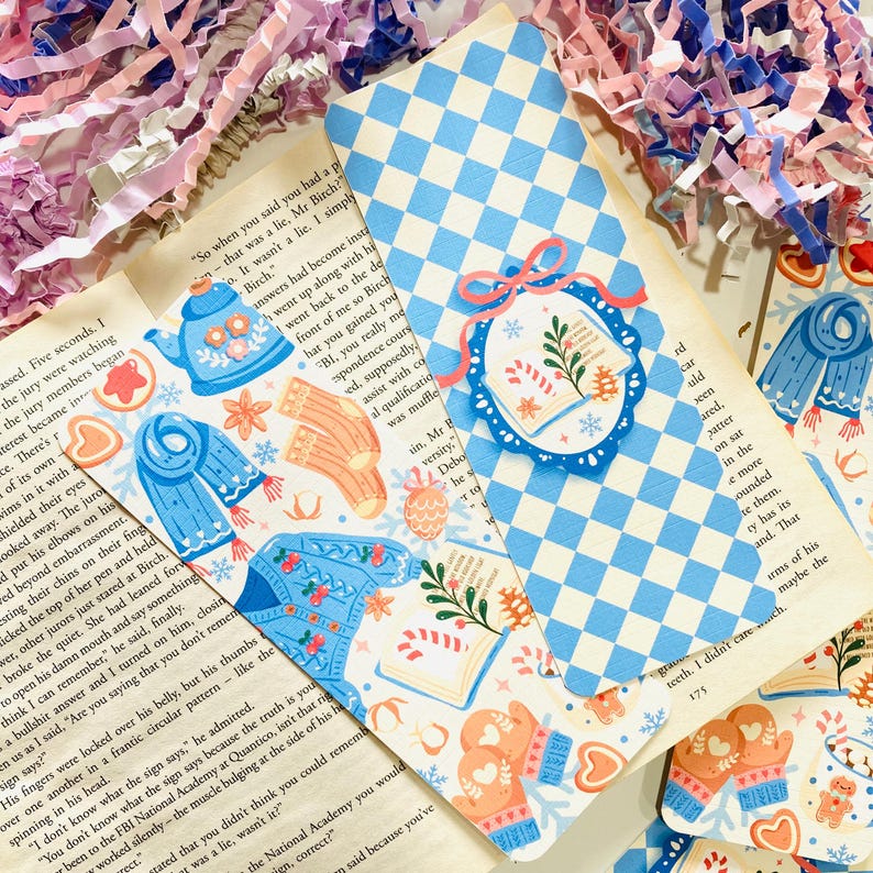 Cozy Bookish Christmas Handmade Bookmark, Festive Bookmarks, Linen Card ...