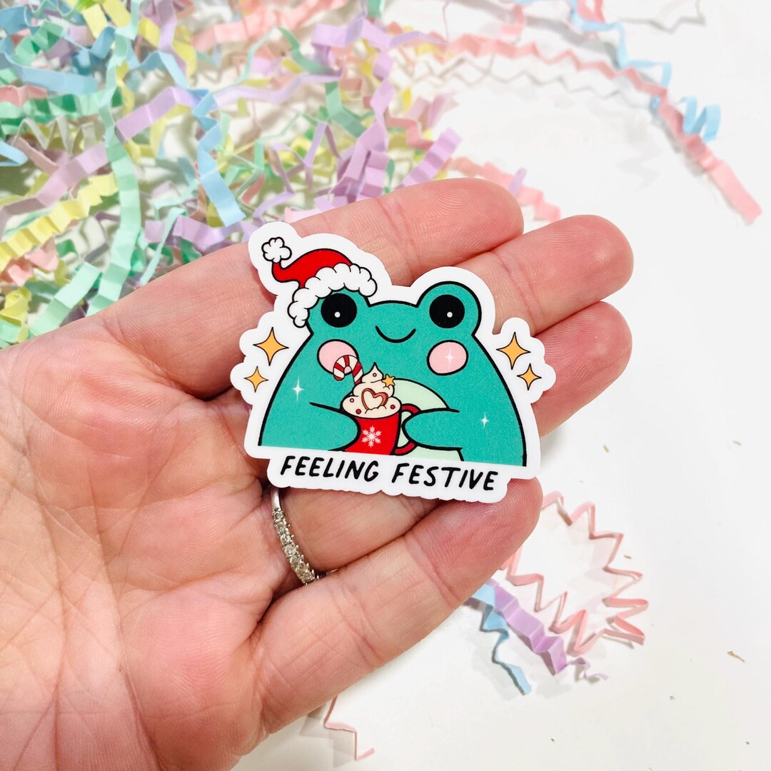 Feeling Festive Cute Frog Vinyl Sticker, Christmas Froggy Sticker ...