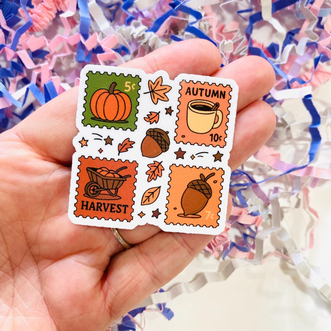 Autumn Fall Postage Stamps Vinyl Sticker, Pumpkin Coffee Harvest, Water ...